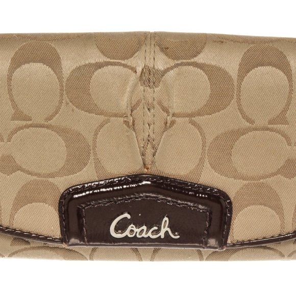 Coach | Bags | Coach Beige Monogram Canvas Leather Flap Wallet | Poshmark